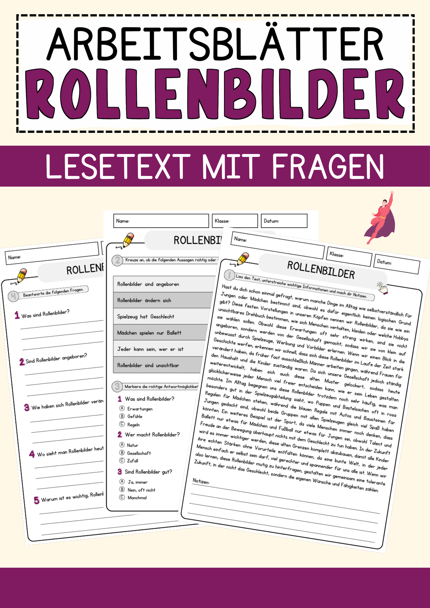 Rollenbilder Arbeitsblätter mit Fragen + Lösungen Lesetext ...