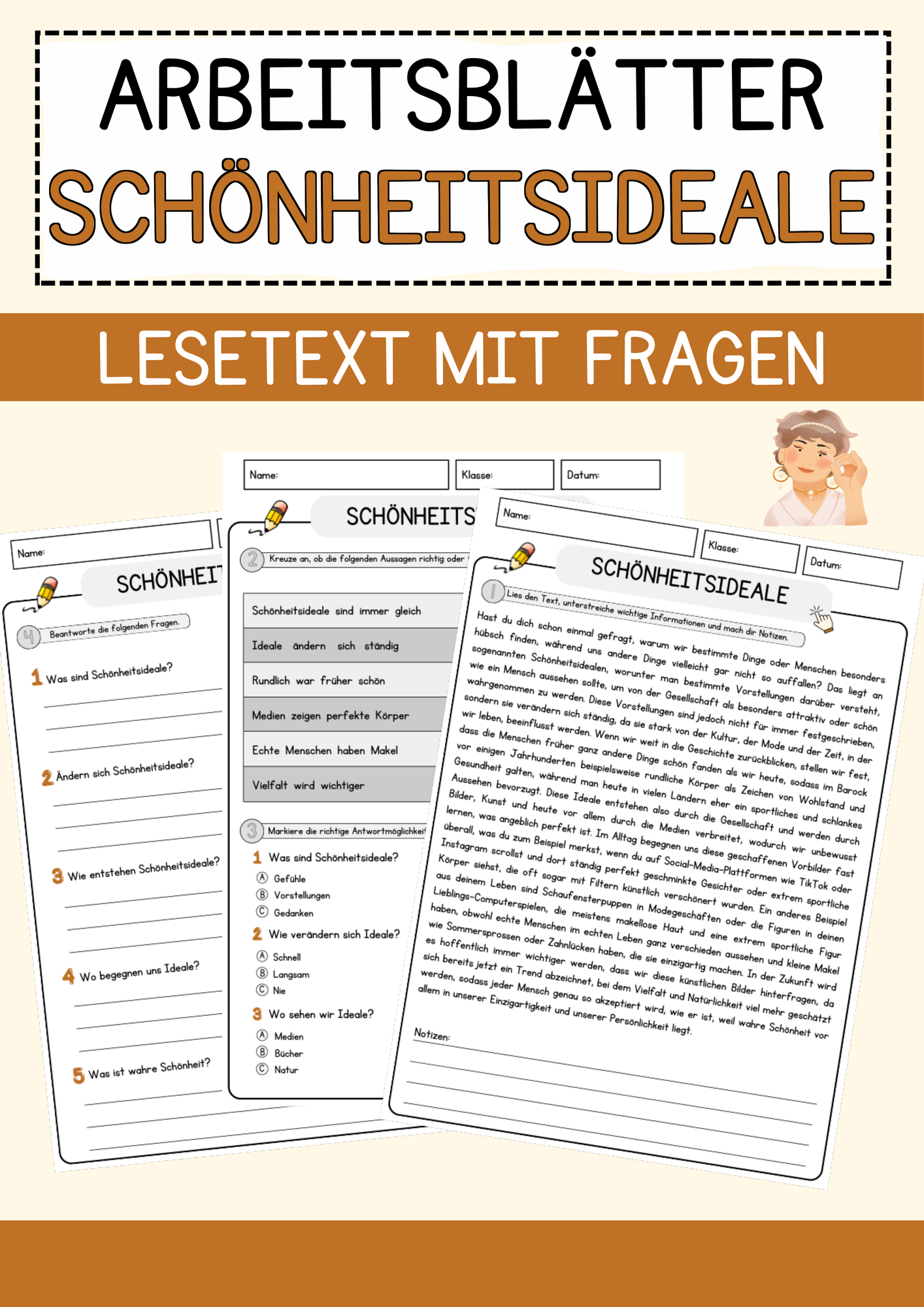 Schönheitsideale Arbeitsblätter mit Fragen + Lösungen Lesetext ...