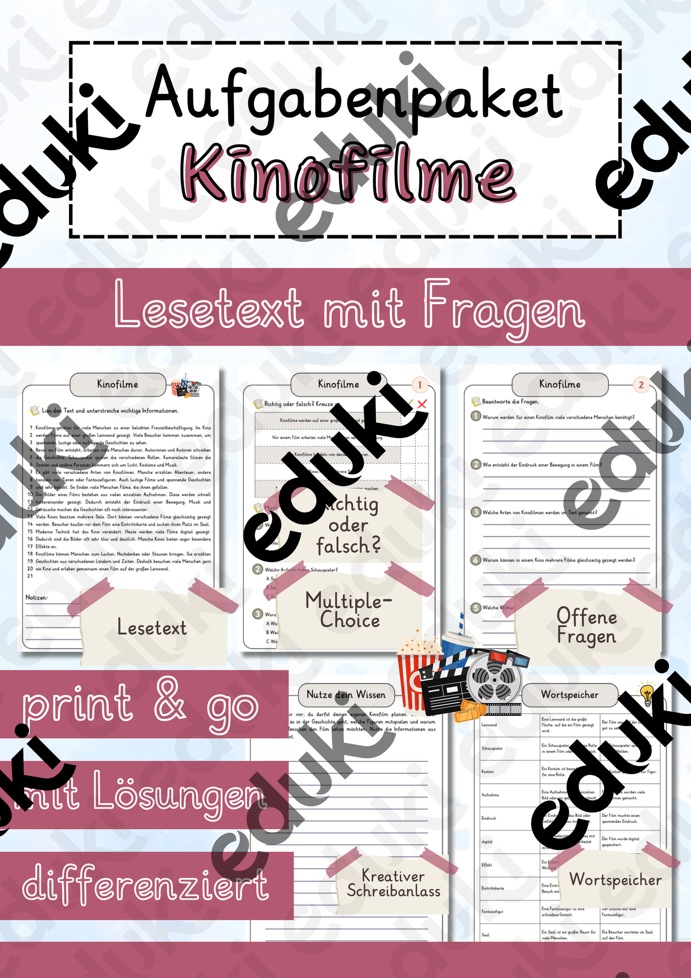 Kinofilme Lesetext einfach verständlich mit Aufgaben + Lösungen und ...
