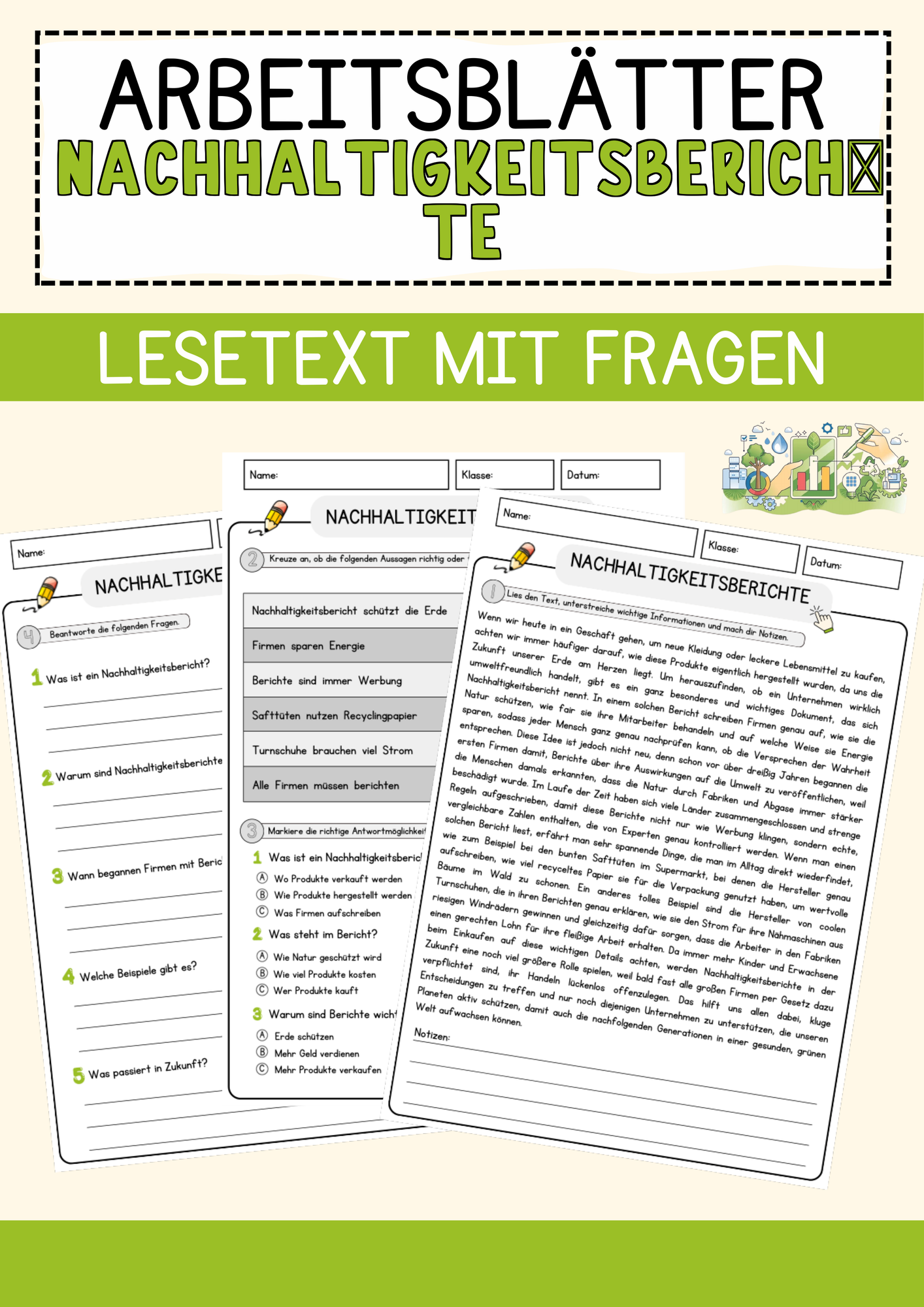 Nachhaltigkeitsberichte Lesetext mit Richtig Falsch Fragen, Multiple ...