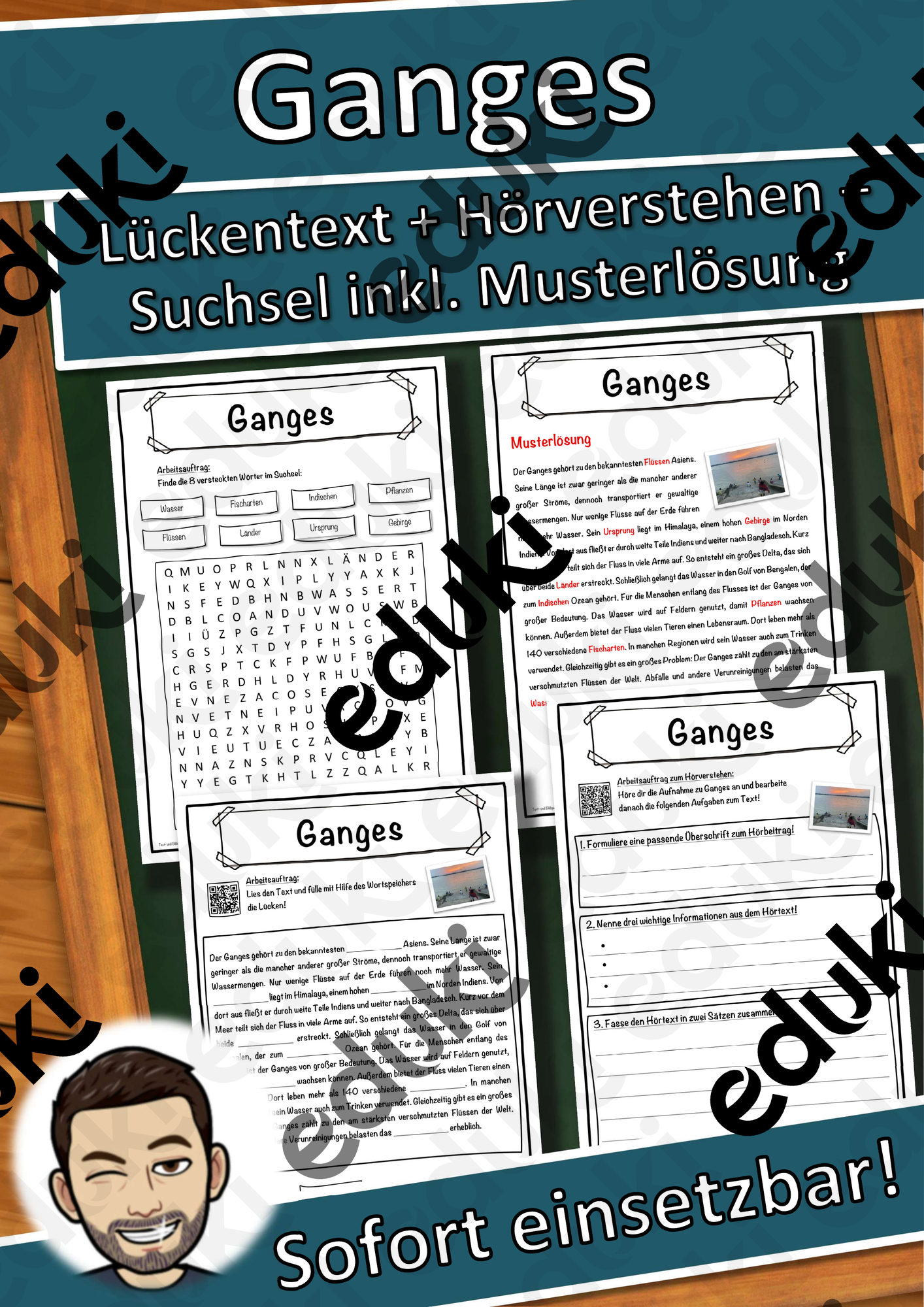 Ganges Lückentext mit Wortspeicher Hörverstehen und Suchsel ...