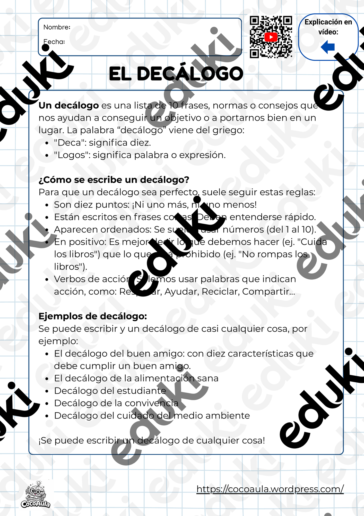 El Decálogo (comprensión lectora, escitura creativa y plantilla ...