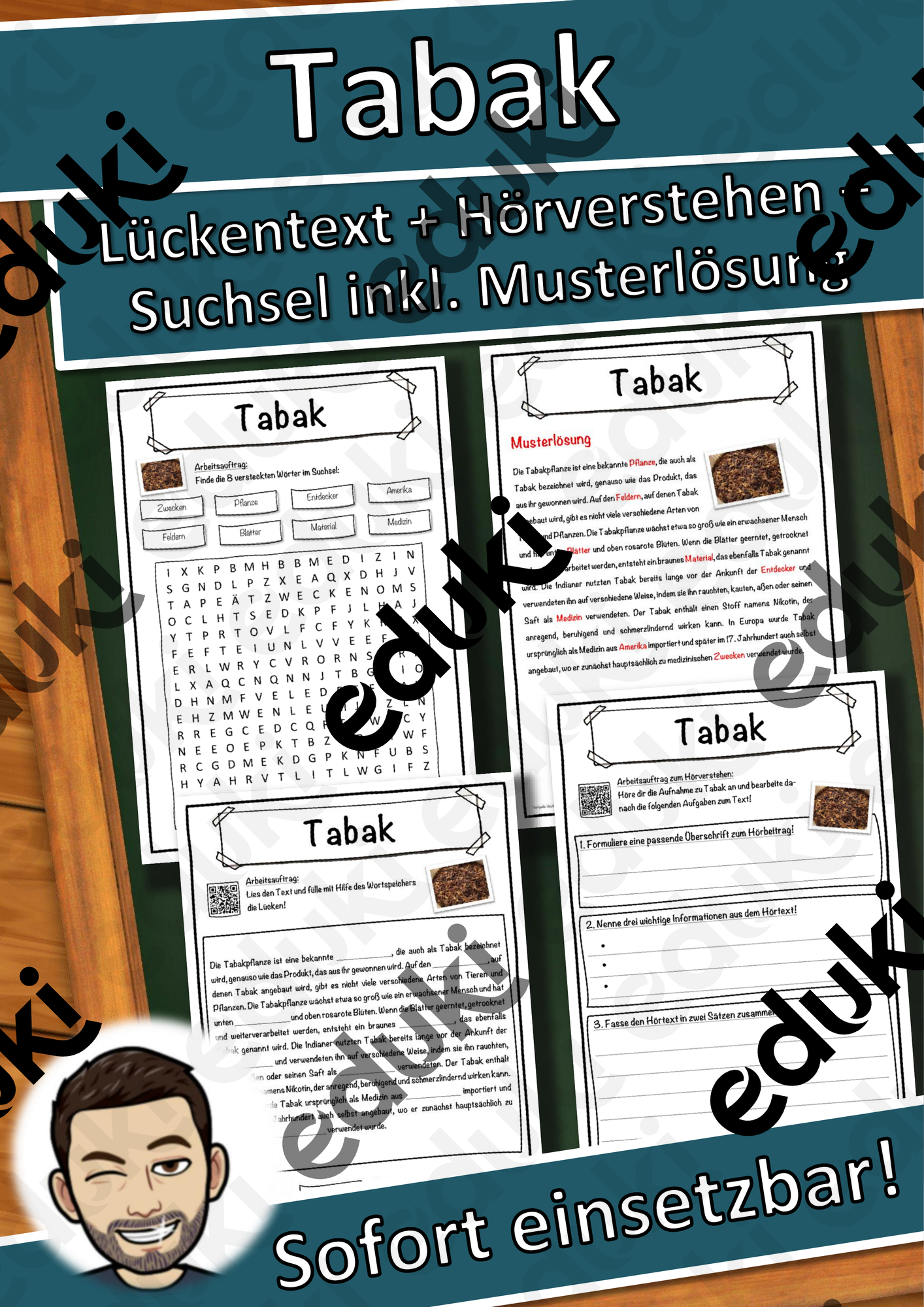 Tabak Lückentext mit Wortspeicher Hörverstehen und Suchsel ...