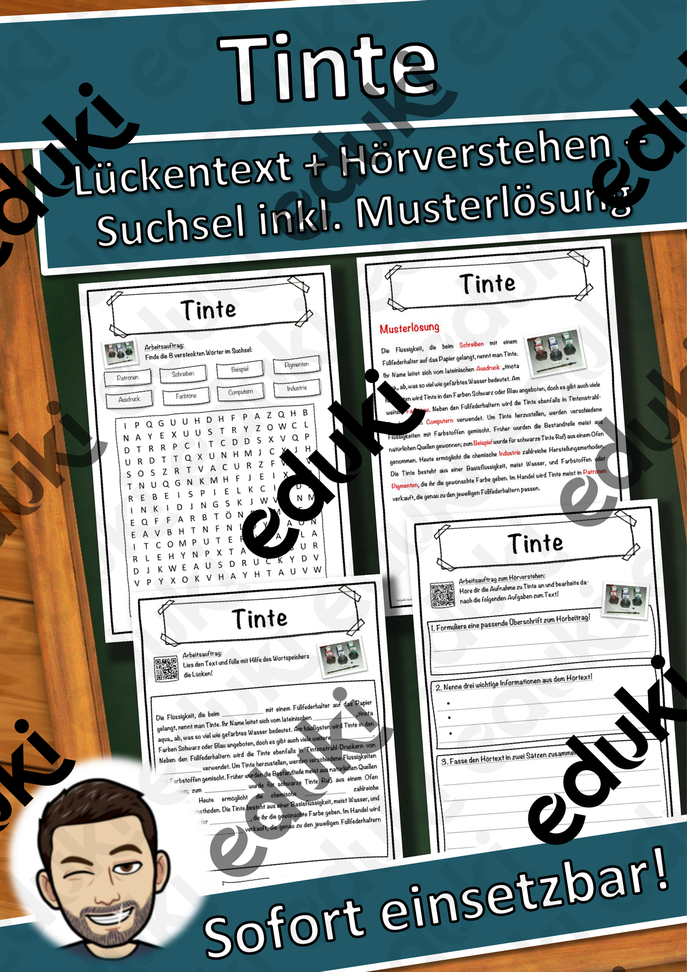 Tinte Lückentext mit Wortspeicher Hörverstehen und Suchsel ...
