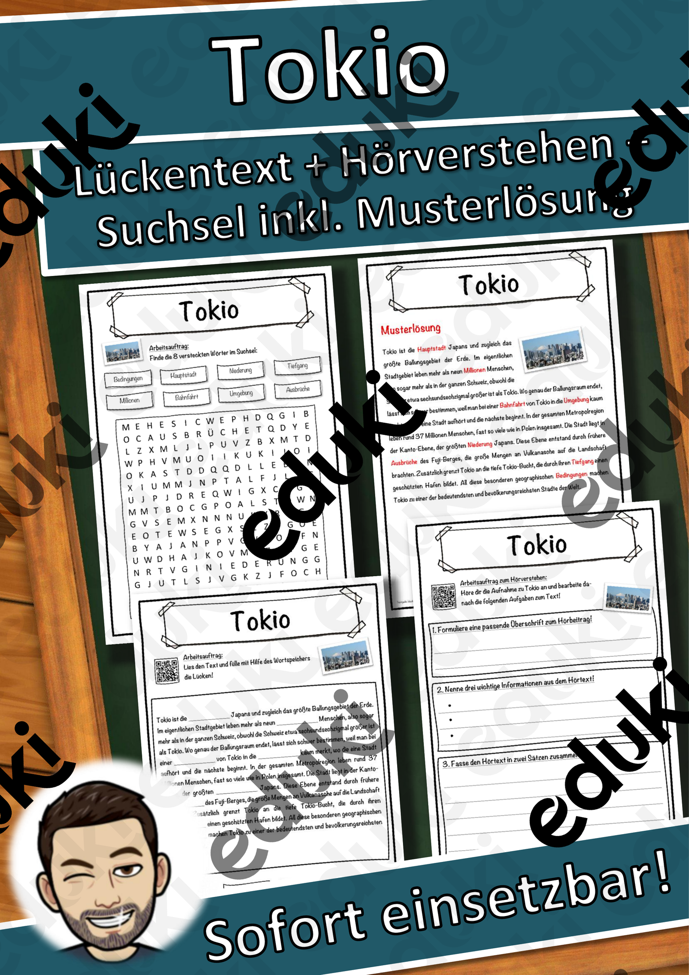 Tokio Lückentext mit Wortspeicher Hörverstehen und Suchsel ...