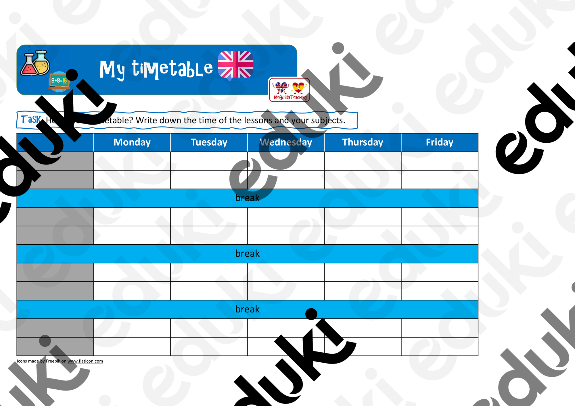 School subjects - My timetable - Stundenplan aufschreiben ...