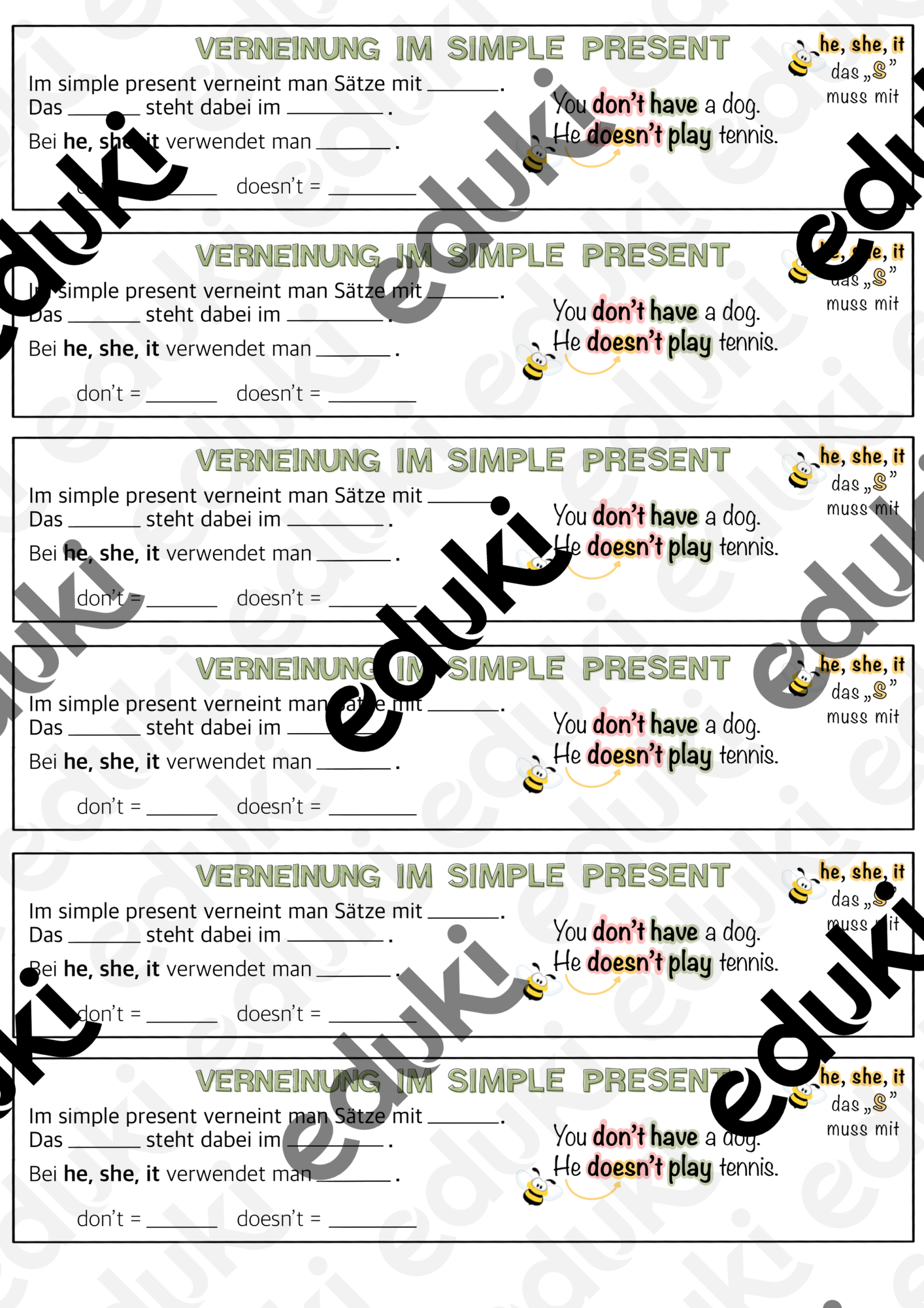 Verneinung im simple present Merkblatt – Unterrichtsmaterial im Fach ...